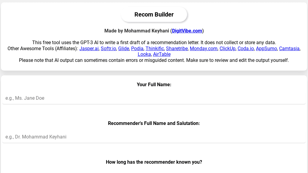 Recom Builder | AI-powered recommendation letter tool | Futureen