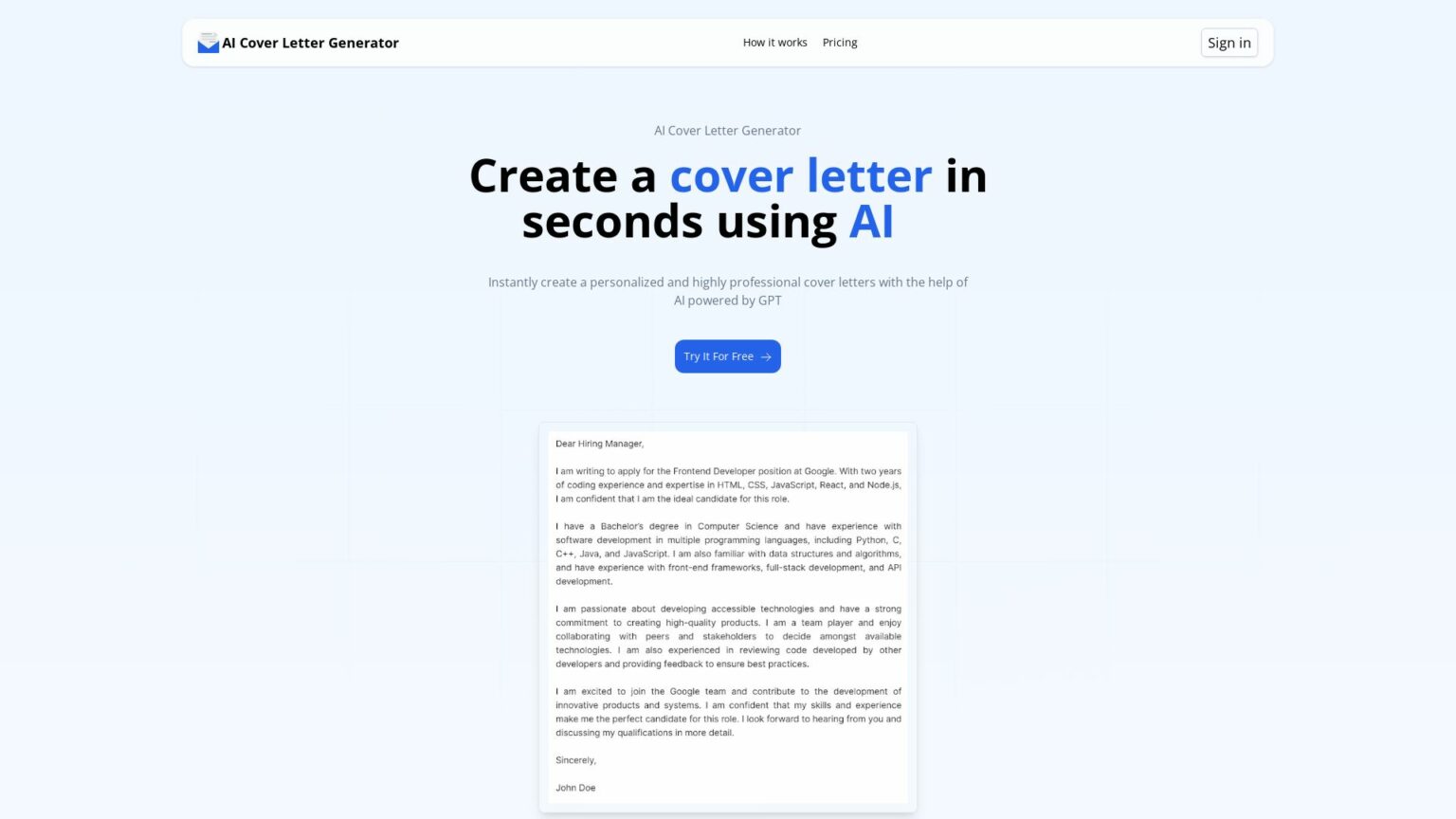 AI Cover Letter Generator Create Polished Cover Letters | Futureen