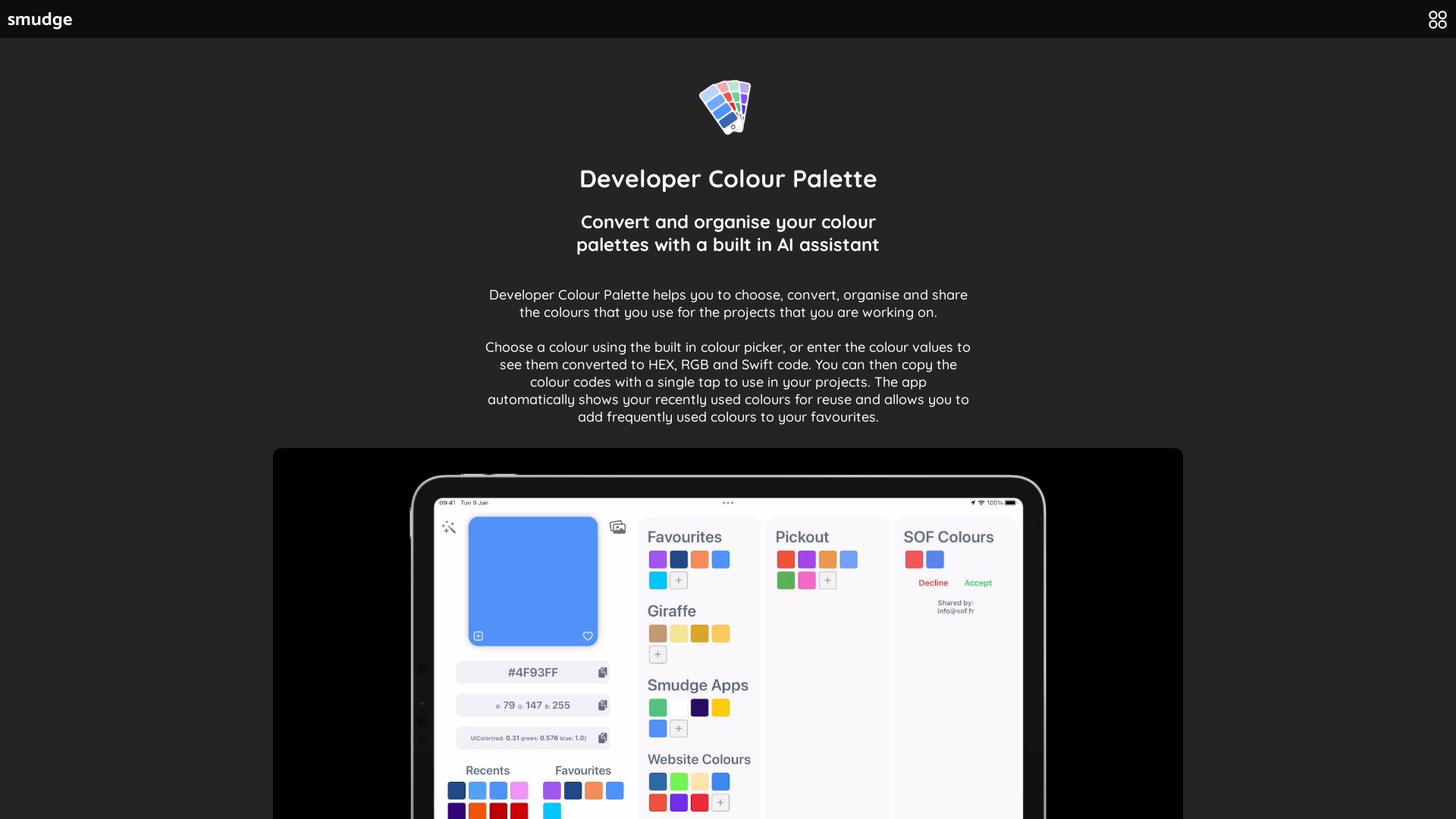 Smudge | Developer Colour Palette App Organise and Share | Futureen