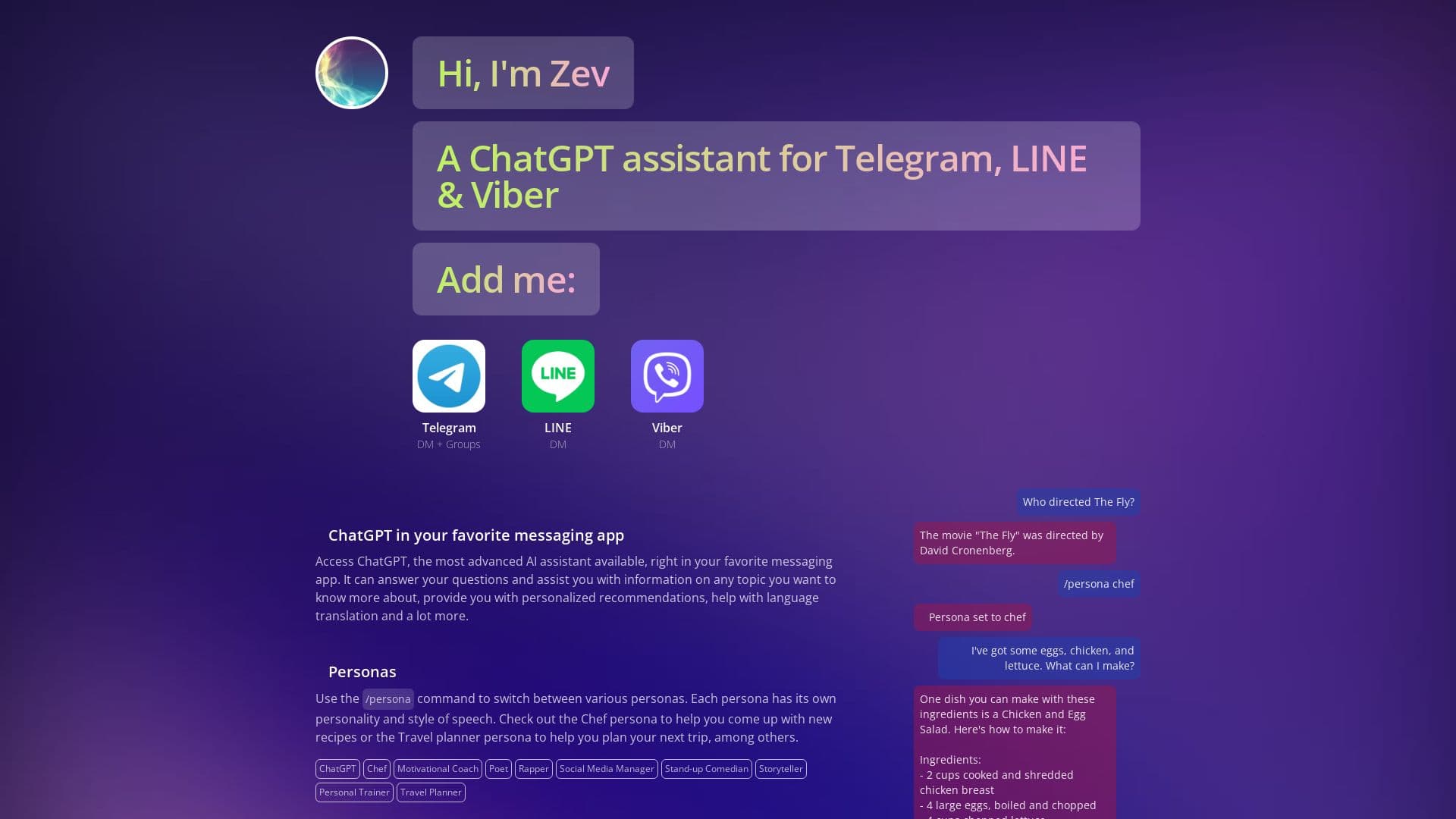 Zev | ChatGPT for Telegram, LINE & Viber | Futureen