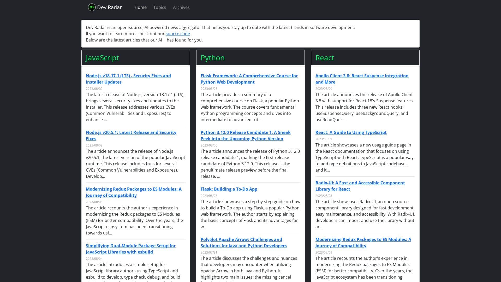 Dev Radar | Software Development News Aggregator | Futureen
