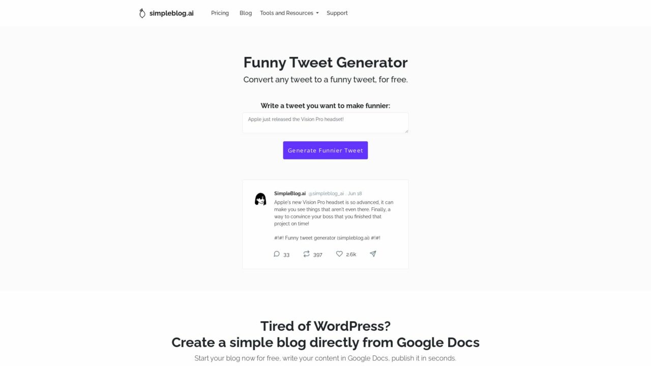 Simpleblog.ai 🤣 Free Funny Tweet Generator | Futureen