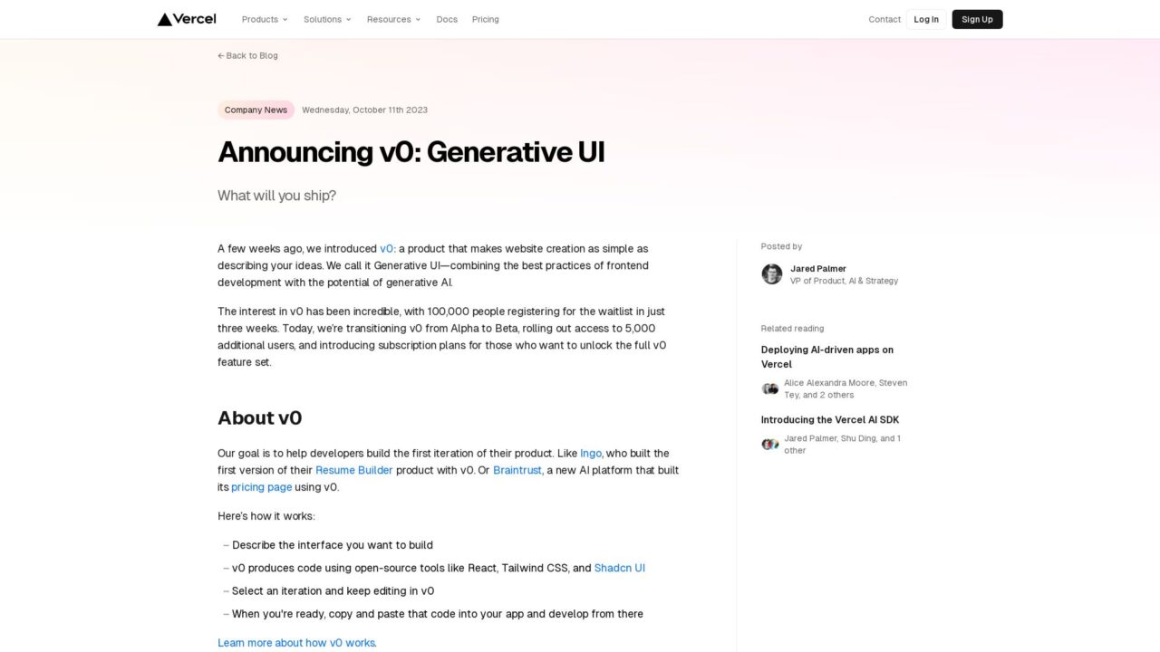 Vercel | Generative UI v0 | Futureen
