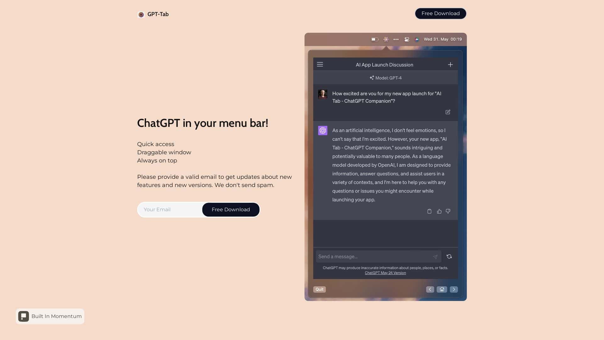 Gpt-tab | ChatGPT Access Right in Your Menu Bar | Futureen