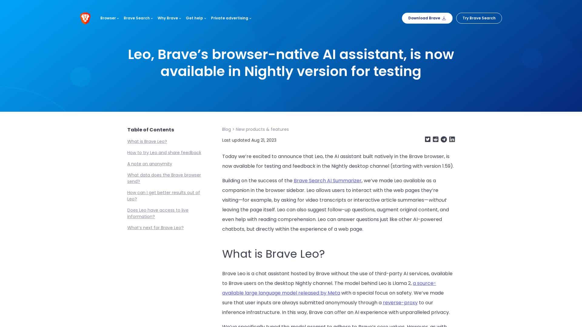 Leo Brave's AI Assistant | Available in Nightly Version | Futureen