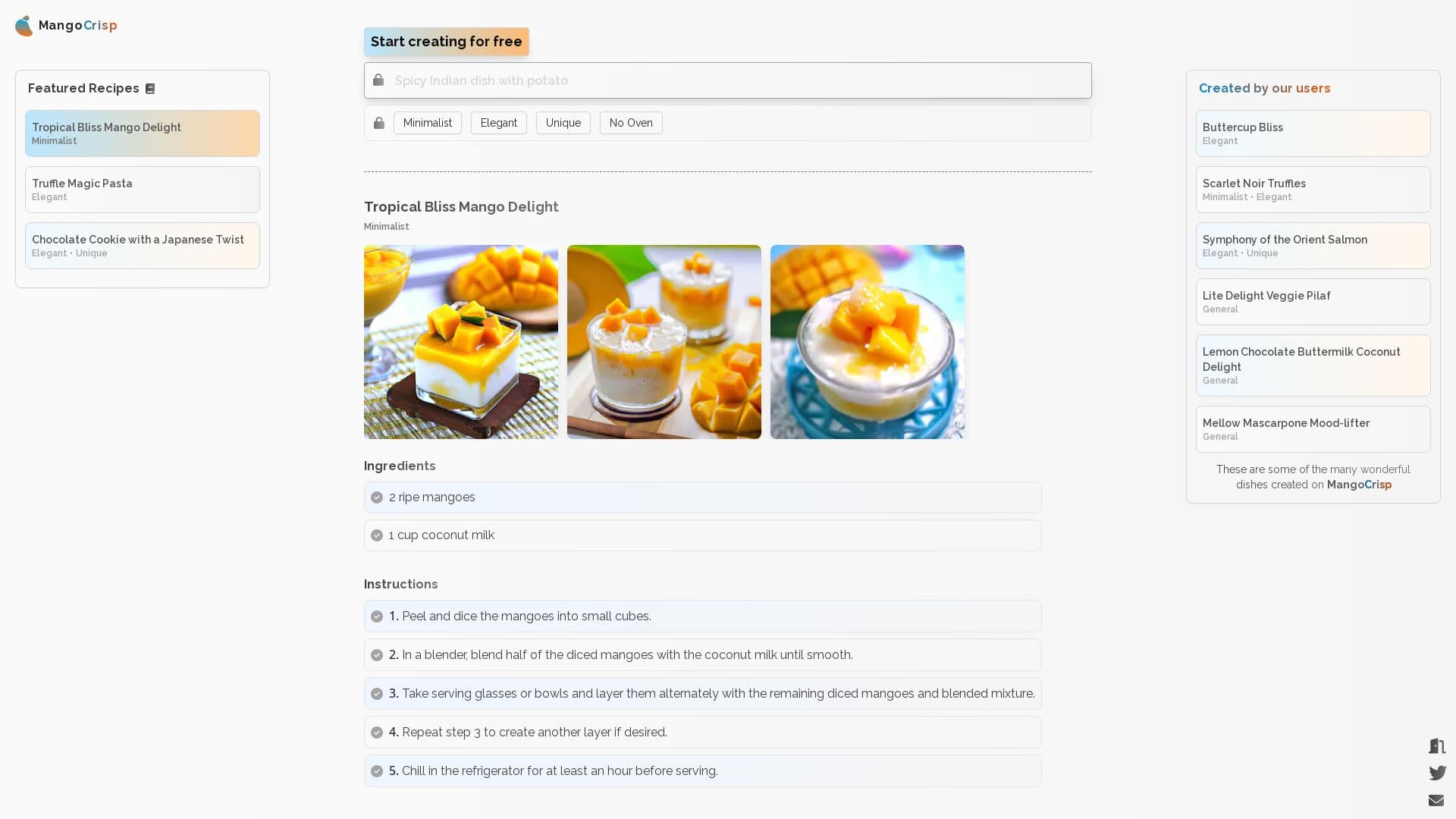 MangoCrisp | AI Recipe Generator for Creative Cooking | Futureen
