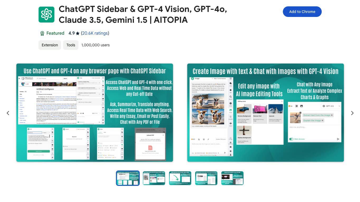 ChatGPT Sidebar & GPT-4 Vision, GPT-4o, Claude 3.5, Gemini 1.5 | AITOPIA | Futureen